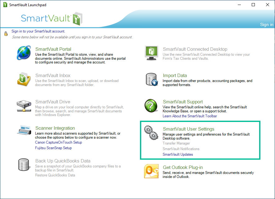 SmartVault User Settings within the Launchpad – SmartVault